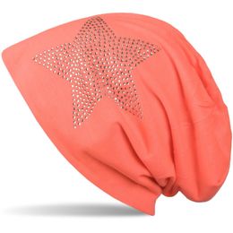 Beanie styleBREAKER "Leichte Beanie mit Strass Stern", Damen, orange (neonorange), Obermaterial: 50% Viskose CV. 50% Baumwolle CO., Modisch, M&uuml;tzen Beanie