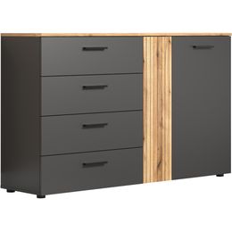Kommode Inosign "Estepona", schwarz (anthrazit und eichefarben), B:139cm H:86cm T:38cm, FSC-zertifizierter Holzwerkstoff, Kunststoff, Sideboards, Kommode, Schubladenschrank in Rillenoptik mit Vollauszug-Funktion