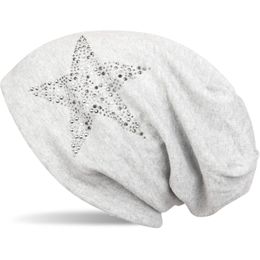 Beanie styleBREAKER "Beanie M&uuml;tze mit Strass Nieten Stern", Damen, grau (hellgrau meliert), Obermaterial: 100% Viskose CV., Modisch, M&uuml;tzen Beanie