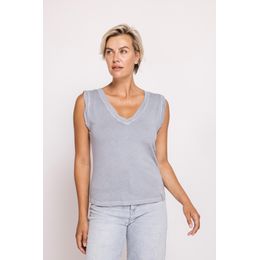Shirttop Zhrill "ZHASHA", Damen, Gr. M, blau, Single Jersey, Obermaterial: 100% Baumwolle, unifarben, k&ouml;rpernah h&uuml;ftbedeckend, V-Ausschnitt, Tops Shirttop, mit gewellten Abschl&uuml;ssen