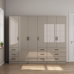 Kleiderschrank OTTO HOME "Trento Schlafzimmerschrank Garderobe hochglanz", sandgrau, B:240cm H:200cm T:52cm, FSC-zertifizierter Holzwerkstoff, Schr&auml;nke, Kleiderschrank, Schrank mit 6 T&uuml;ren und 9 Schubladen, h&ouml;chgl&auml;nzende Fronten