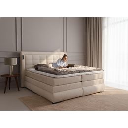 Boxspringbett OTTO HOME "MIVVA inkl. Bettkasten und Topper, Komfortliegeh&ouml;he: 67 cm", beige, B:204cm L:215cm, Holz teilmassiv, Holzwerkstoff, Spanplatte, Komplettbetten, Boxspringbett, in H3, H4 oder Hmix H3/H4, wahlweise mit oder ohne LED-Leuchten