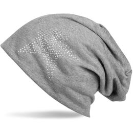 Beanie styleBREAKER "Leichte Beanie mit Strass Stern", Damen, grau (grau meliert), Obermaterial: 100% Viskose CV., Modisch, M&uuml;tzen Beanie