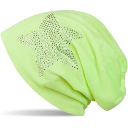 Beanie styleBREAKER "Leichte Beanie mit Strass Stern", Damen, gelb (neongelb), Obermaterial: 50% Viskose CV. 50% Baumwolle CO., Modisch, M&uuml;tzen Beanie