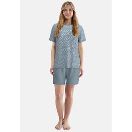 Shorty Tom Tailor, Damen, Gr. 38, blau, mittel, allover, Single Jersey, Obermaterial: 95% Baumwolle, 5% Elasthan, bequem extrakurz, Rundhals, gerader Abschluss, Homewear-Sets Shorty, mit Motiv, Rundhalsausschnitt, kurz, Baumwollmix