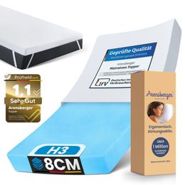 Arensberger Matratzen Topper PREMIUM, 180x200cm, Gelschaum Matratzentopper, waschbarer Bezug, geeignet f&uuml;r Federkern & Schaumstoff Matratzen, H2 H3, Matratzenauflage H&ouml;he 8cm