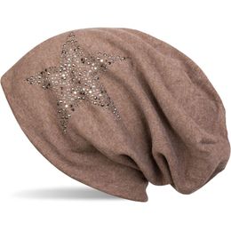 Beanie styleBREAKER "Beanie M&uuml;tze mit Strass Nieten Stern", Damen, grau (taupe meliert), Obermaterial: 100% Viskose CV., Modisch, M&uuml;tzen Beanie
