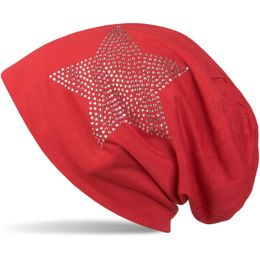 Beanie styleBREAKER "Leichte Beanie mit Strass Stern", Damen, rot, Obermaterial: 50% Viskose CV. 50% Baumwolle CO., Modisch, M&uuml;tzen Beanie