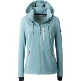 Softshelljacke DEPROC Active "DECORAH PEAK V WOMEN", Damen, Gr. 36/38 (M), blau (arctic), Webware: Softshell - 92% PES, 8% EL, 3-Lg-Laminat; Innen: Fleece - 100% PES, tailliert, gerader Abschluss mit Windstopper,mit verstellbarem Klettverschluss, Jacken Softshelljacke, mit abnehmbarer Kapuze
