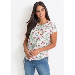 Shirtbluse bonprix, Damen, Gr. 50, wollwei&szlig; gebl&uuml;mt, Web, Obermaterial: 100% Polyester, regular fit, Blusen Shirtbluse, figurumspielende Passform, abgerundeter, hinten etwas l&auml;ngerer Saum