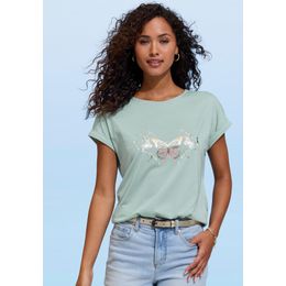 T-Shirt Vivance "mit gl&auml;nzendem Frontprint", Damen, Gr. 44/46, mint, Single Jersey, Obermaterial: 50% Baumwolle, 50% Modal (TENCEL&trade;), bedruckt, Basic, Rundhals, Shirts T-Shirt, aus angenehmer Baumwoll-Modal-Qualit&auml;t