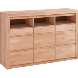 Kommode OTTO HOME "Silkeborg Fronten & Leisten aus Massivholz, Kospus aus Melamin", beige (kernbuche teilmassiv), Holzwerkstoff Kernbuchefarben (Korpus)/ Massivholz Kernbuche (Front), Holz teilmassiv, Sideboards, Kommode, B/T/H 130/35/85 cm. 3 offene und 6 geschlossene F&auml;cher