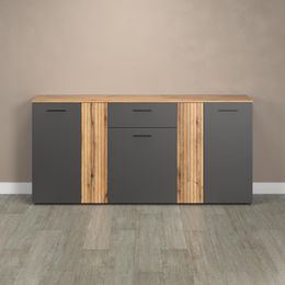 Kommode Inosign "Estepona", schwarz (anthrazit und eichefarben), B:181cm H:86cm T:38cm, FSC-zertifizierter Holzwerkstoff, Kunststoff, Sideboards, Kommode, Sideboard mit anpassbaren T&uuml;ren mit Rillen-Optik