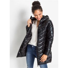 Steppjacke bonprix, Damen, Gr. 36, schwarz (schwarz metallic), Obermaterial: 100% Polyester. Futter: 100% Polyester. Oberteil: 100% Polyester, loose fit, Jacken Steppjacke, femininer Stil, Kapuze, lockere Passform, 2-Wege-Zipper, Metallic-Look
