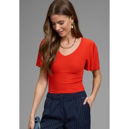 V-Shirt Laura Scott, Damen, Gr. 36/38, rot, Single Jersey, Obermaterial: 95% Viskose, 5% Elasthan, unifarben, sehr figurbetont h&uuml;ftlang, V-Ausschnitt, Fl&uuml;gel&auml;rmel, Shirts, mit Fl&uuml;gel&auml;rmeln, sehr figurbetonte Passform, Rippstruktur