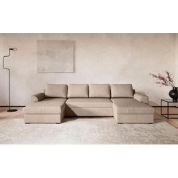 Wohnlandschaft COTTA "Drift U-Form Ottomane, Breite 327 cm", nature, B:327cm H:86cm T:187cm, 96% POLYESTER (PES) 4% POLYAMID(PA), Sofas, Wohnlandschaft, optional auch mit Schlaffunktion, Wellenunterfederung