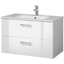 Waschtisch Welltime "Trento Badezimmerschrank mit Becken", wei&szlig; (wei&szlig;, wei&szlig; hochglanz, wei&szlig;), B:80cm H:51,5cm T:47,5cm, Waschtische, Waschtisch, Badm&ouml;bel in Breite 80 cm , Waschplatz mit 2 Schubladen, Badschrank