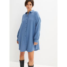 Longbluse bonprix, Damen, Gr. 42, jeansblau, Web, Obermaterial: 100% Baumwolle, unifarben, oversize ca. Mitte Oberschenkel, weit Manschette, Blusen Longbluse, Oversize-Passform, aus Baumwoll-Musselin, mit langem Arm