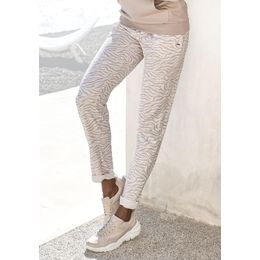 Loungepants Lascana, Damen, Gr. 32/34, N-Gr, beige (nougat, beige), Sweatware, Obermaterial: 60% Baumwolle, 40% Polyester, bedruckt, gemustert, bequem lang, Hosen Relaxhose Homewear Hose, mit modischem Umschlagsaum, Loungeanzug