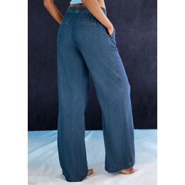 H.I.S. Schlupfhose H.I.S, Damen, Gr. 52/54, N-Gr, jeansblau, Obermaterial: 65% Lyocell, 35% Baumwolle, unifarben, Basic, figurumspielend lang, Hosen Schlupfhose, weites Bein, in Denim Optik