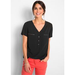 Kurzarmbluse bonprix, Damen, Gr. 44, schwarz, Web, Obermaterial: 100% Viskose, unifarben, regular fit h&uuml;ftbedeckend, V-Ausschnitt, Blusen, bequeme Passform, aus Viskose, mit V-Ausschnitt mit kurzer Knopfleiste