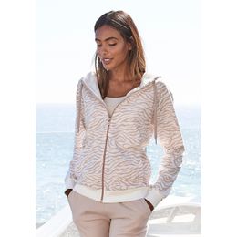 Kapuzensweatjacke Lascana, Damen, Gr. 32/34, braun (beige, nougat), Sweatware, Obermaterial: 60% Baumwolle, 40% Polyester, bedruckt, gemustert, bequem h&uuml;ftlang, B&uuml;ndchen, Sweatjacken, Sweatshirtjacke mit Details in Ros&eacute;gold, Loungewear