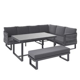 Ambia Garden Dining-Loungeset, Anthrazit, Metall, Kunststoff, Glas, Textil, Eckteil, L-Form, 240x190 cm, Tisch mit Glasplatte, Loungem&ouml;bel, Gartenlounge-Sets