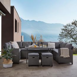 Ambia Garden Dining-Loungeset, Grau, Schwarz, Metall, Kunststoff, Glas, Textil, 6-teilig, F&uuml;llung: Schaumstoff, 294x165 cm, Loungem&ouml;bel, Gartenlounge-Sets