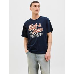 Jack & Jones Rundhalsshirt JACK & JONES "JJELOGO TEE SS O-NECK 2 COL AW25 SN", Herren, Gr. S, blau (sky captain), Jersey, Obermaterial: 100% Baumwolle, bedruckt, regular fit normal, Rundhals, Shirts Rundhalsshirt