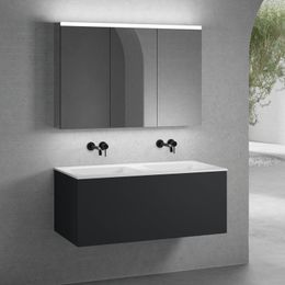 neoro n50 Unterschrank B: 120 cm mit 1 Auszug, Doppelwaschtisch ohne Hahnloch, wei&szlig; matt, mit Spiegelschrank,, BN0099WM+BN0434BM+BN0475MI,