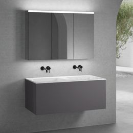 neoro n50 Unterschrank B: 120 cm mit 1 Auszug, Doppelwaschtisch ohne Hahnloch, wei&szlig; matt, mit Spiegelschrank,, BN0099WM+BN0434GR+BN0475MI,