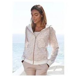 Kapuzensweatjacke Lascana, Damen, Gr. 36/38, braun (beige, nougat), Sweatware, Obermaterial: 60% Baumwolle, 40% Polyester, bedruckt, gemustert, bequem h&uuml;ftlang, B&uuml;ndchen, Sweatjacken, Sweatshirtjacke mit Details in Ros&eacute;gold, Loungewear