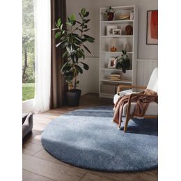 Waschbarer Hochflor Shaggyteppich Melvin Hellblau &oslash; 200 cm - Hochflor Teppich f&uuml;r Wohnzimmer