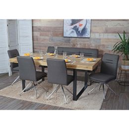 Esszimmer-Set MCW-H70, Sitzgruppe Esszimmergruppe Esszimmergarnitur, Stoff/Textil Edelstahl geb&uuml;rstet ~ grau-braun 160cm