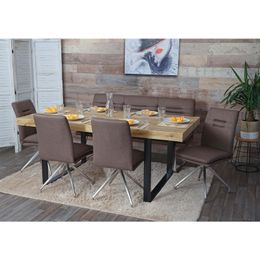 Esszimmer-Set MCW-H70, Sitzgruppe Esszimmergruppe Esszimmergarnitur, Stoff/Textil Edelstahl geb&uuml;rstet ~ braun 160cm