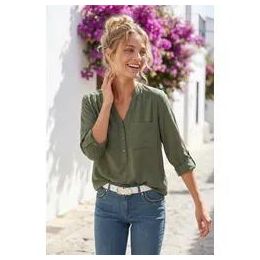 Schlupfbluse Lascana, Damen, Gr. 34, gr&uuml;n (khaki), Web, Obermaterial: 100% Viskose, unifarben, figurumspielend h&uuml;ftlang, V-Ausschnitt, mit Riegel gerader Abschluss, Blusen Schlupfbluse, mit 3/4-&Auml;rmeln und Knopfleiste, Damenbluse, Topseller