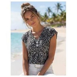 Schlupfbluse Lascana, Damen, Gr. 42, beige (schwarz, creme, bedruckt), Web, Obermaterial: 100% Viskose, figurumspielend h&uuml;ftlang, V-Ausschnitt, Blusen Schlupfbluse, mit Zebraprint und modischen Kn&ouml;pfen, Kurzarmbluse, sommerlich, Topseller