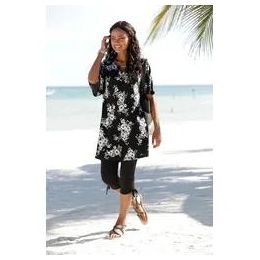 Longshirt Lascana, Damen, Gr. 36/38, schwarz (schwarz, bedruckt), Jersey, Obermaterial: 100% Viskose, figurumspielend kurz, V-Ausschnitt, Shirts Longshirt, mit dezentem Blumendruck, Shirtkleid mit weiten &Auml;rmel