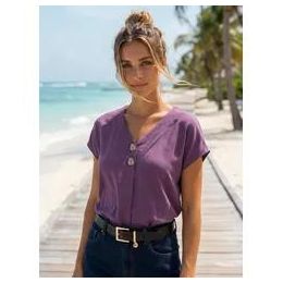 Schlupfbluse Lascana, Damen, Gr. 36, lila (violett), Web, Obermaterial: 100% Viskose, unifarben, figurumspielend h&uuml;ftlang, V-Ausschnitt, Blusen Schlupfbluse, mit modischen Kn&ouml;pfen, luftige Kurzarmbluse, sommerlich, Topseller