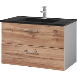 Waschtisch Welltime "Trento Badezimmerschrank mit Becken", braun (wotaneiche, wei&szlig;), B:80cm H:51,5cm T:47,5cm, Waschtische, Waschtisch, Badm&ouml;bel in Breite 80 cm , Waschplatz mit 2 Schubladen, Badschrank