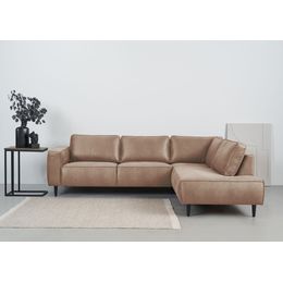 Ecksofa Home Affaire "Fumone, Lederoptik oder Soft-Touch Chenille", beige, B:260cm H:83cm T:200cm, 35% Lederfasern; 65%Polyester, Sofas, Ecksofa, Breite 260, mit schwarzen Massivholzf&uuml;&szlig;en
