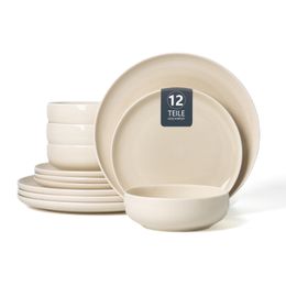 Geschirr-Set OTTO HOME "Flett, mit Reaktivglasur", beige, 12, Porzellan, Geschirr-Sets, Geschirr-Set, Teller Set, sp&uuml;lmaschinenfest und mikrowellengeeignet