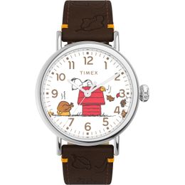 Quarzuhr Timex "Timex x PEANUTS Timex WATERBURY", dunkelbraun, Armbanduhren, Damen, Quarzuhr, Armbanduhr, Herrenuhr, Damenuhr, Lederarmband, Leuchtzeiger