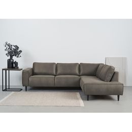 Ecksofa Home Affaire "Fumone, Lederoptik oder Soft-Touch Chenille", grau, B:260cm H:83cm T:200cm, 35% Lederfasern; 65%Polyester, Sofas, Ecksofa, Breite 260, mit schwarzen Massivholzf&uuml;&szlig;en