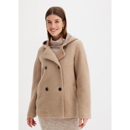 Cabanjacke bonprix, Damen, Gr. 52, beige (khakibeige), Boucl&eacute;, Obermaterial: 100% Polyester. Futter: 100% Polyester. &Auml;rmelfutter: 100% Polyester, unifarben, l&auml;ssig geschnitten h&uuml;ftbedeckend, Jacken, moderner Look, aus kuscheligem Boucl&eacute;-Material, mit Kapuze
