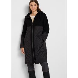 Wintermantel bonprix, Damen, Gr. 50, schwarz, Web, Obermaterial: 88% Polyester, 10% Viskose, 2% Elasthan. Futter: 100% Polyester. &Auml;rmelfutter: 100% Polyester, unifarben, loose fit kniefrei, M&auml;ntel Wintermantel, Materialmix, lockere Passform, mit Kapuze, Riegel-Detail am Saum