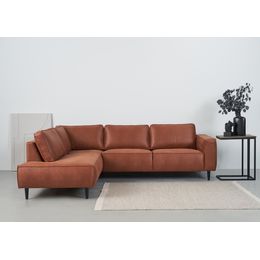 Ecksofa Home Affaire "Fumone, Lederoptik oder Soft-Touch Chenille", braun (cognac), B:260cm H:83cm T:200cm, 35% Lederfasern; 65%Polyester, Sofas, Ecksofa, Breite 260, mit schwarzen Massivholzf&uuml;&szlig;en