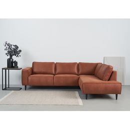 Ecksofa Home Affaire "Fumone, Lederoptik oder Soft-Touch Chenille", braun (cognac), B:260cm H:83cm T:200cm, 35% Lederfasern; 65%Polyester, Sofas, Ecksofa, Breite 260, mit schwarzen Massivholzf&uuml;&szlig;en