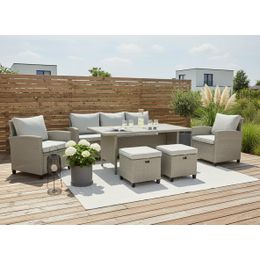 Gartenlounge-Set Konifera "Amsterdam XL", grau, Polyrattan, Stahl, Sitzm&ouml;bel-Sets, bestehend aus 2 Sesseln, 2 Hocker, 1 Sofa, 10 Kissen,1 Tisch
