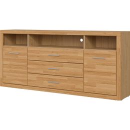 Sideboard OTTO HOME "Ribe,180cm breit, Fronten Massivholz,7 F&auml;cher", braun (eiche teilmassiv), B:180cm H:80cm T:35cm, Holz teilmassiv, Sideboards, Sideboard, Holz massiv, Holzwerkstoff, Metall Griffe,2T&uuml;ren,3Schubladen
